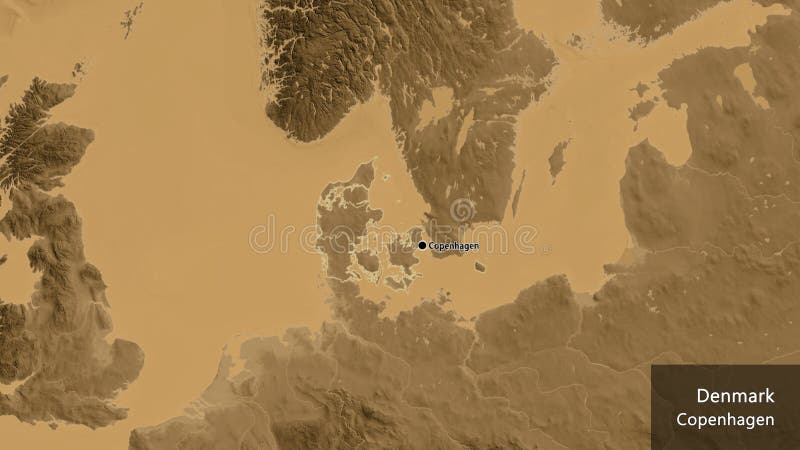 Shape of Denmark with Regional Borders. Sepia Elevation. Labels Stock ...