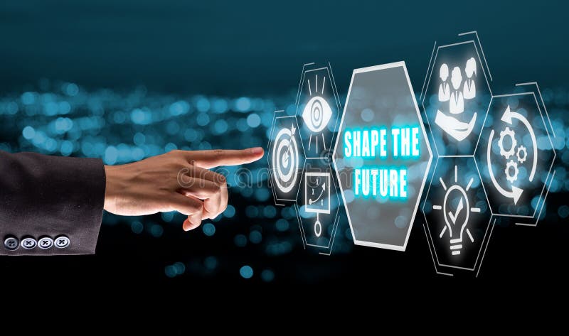 Business Woman Hand Touching Shape the Future Icon on Virtual Screen ...