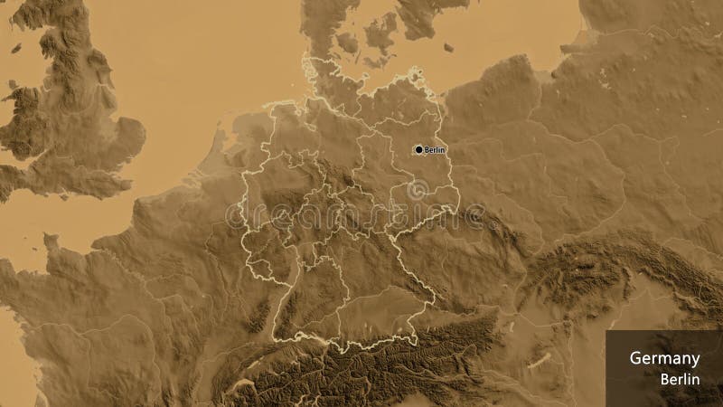 Shape of Germany with Regional Borders. Sepia Elevation. Labels Stock ...