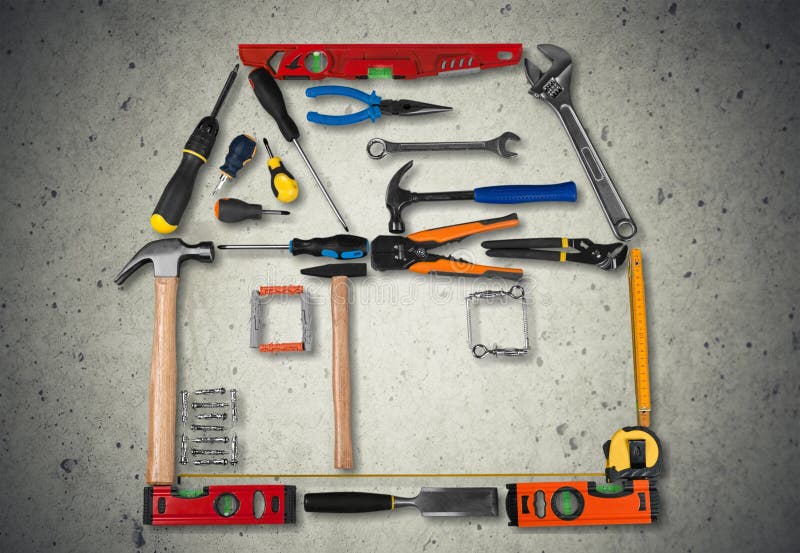 Tools Placed in House Shape on Grey Background Stock Image - Image of ...