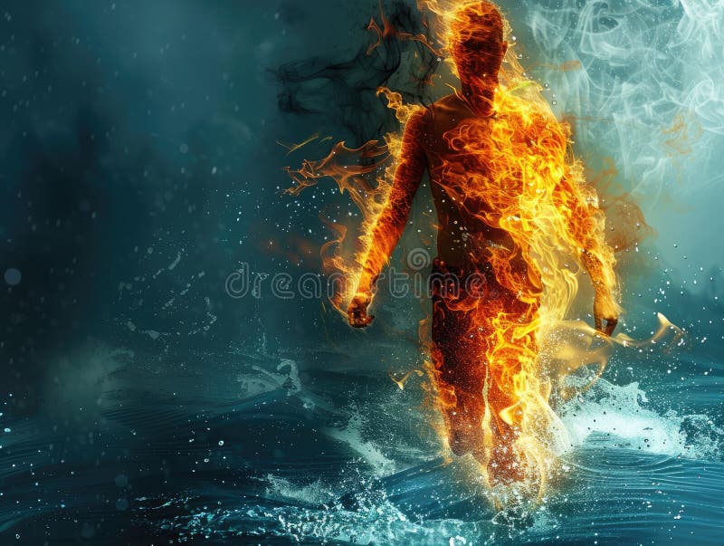 Shape of a Man Made from Flames Walking through the Water Stock ...