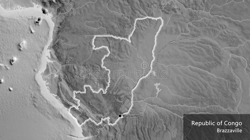 Shape of Republic of the Congo. Glowed. Grayscale. Labels Stock ...