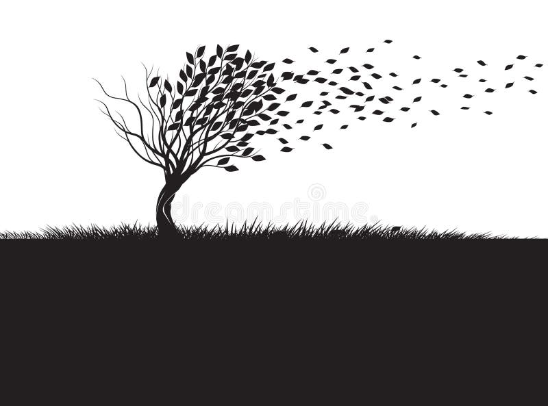 Shape of Tree, Wind and Falling Autumn Leaves. Vector Outline ...
