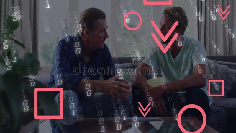 Shapes and Binary Code Appearing, Father Gesturing on Sofa and Son ...