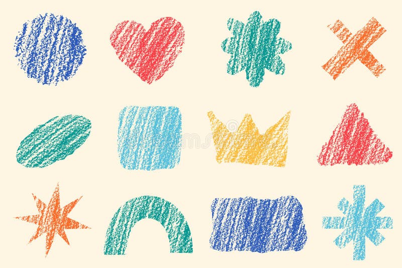 Shapes with Crayon Texture. Color Pencil Hand Drawn Figures. Vector ...