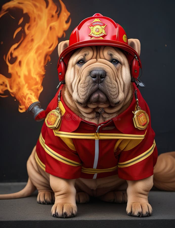 Shar Pei Dog Dressed As a Fireman. AI Generated. Stock Illustration ...