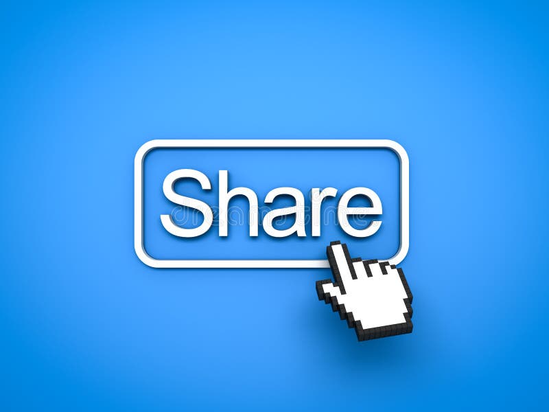 Share Button with Computer Hand Cursor Isolated Over Blue Background ...