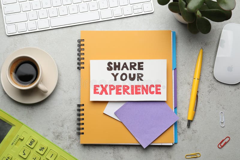 Share Your Experience. Flat Lay Composition with Card, Stationery and ...