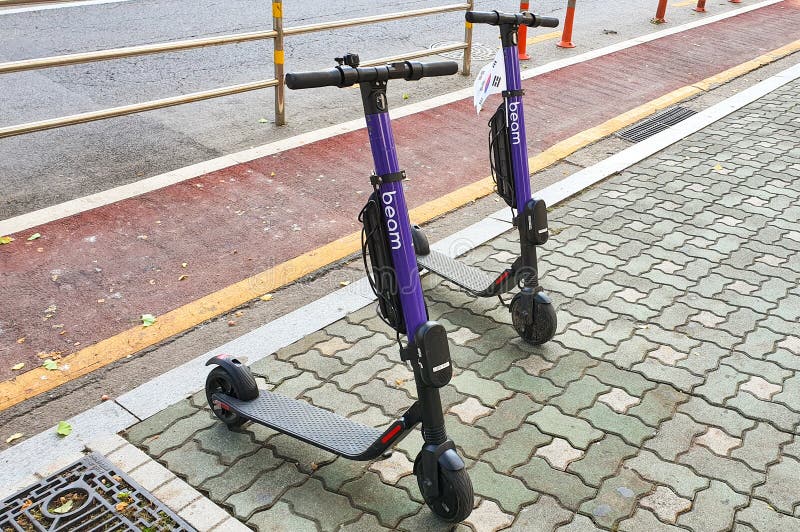 Shared Electric Scooters Standing on the Sidewalk is Seoul, Korea ...