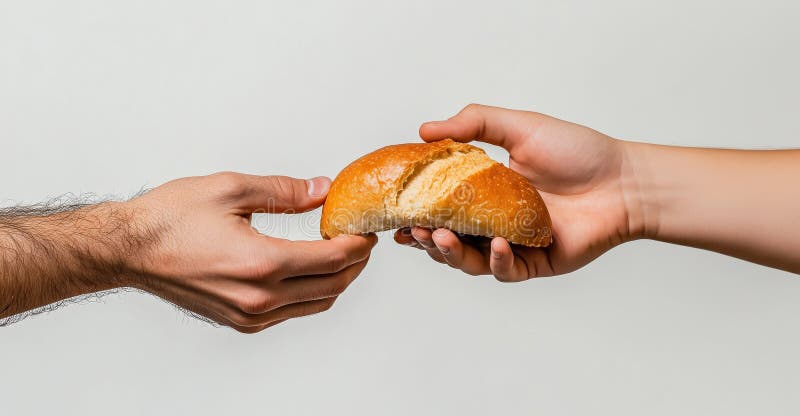 Sharing Bread, Hands Exchanging Food on White Background Symbolizing ...