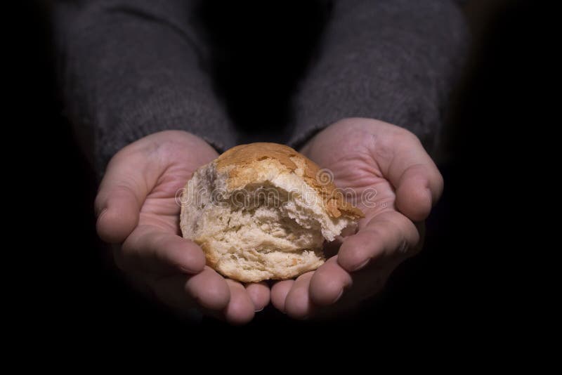 Poor Man Sharing Bread, Helping Hand Concept. B&W Close Up Stock Image ...