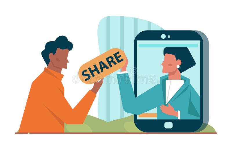 Sharing Concept. Character Using Devices To Share Posts in Social Stock ... Sharing Concept. Character Using Devices To Share Posts in Social Stock ...