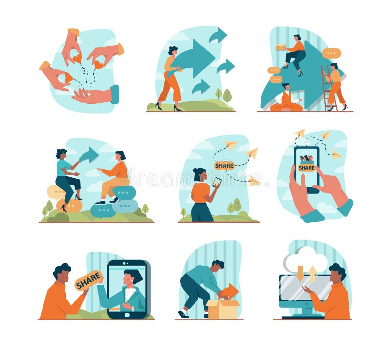 Sharing Concept Set. Character Using Devices To Share Posts in Social ... Sharing Concept Set. Character Using Devices To Share Posts in Social ...