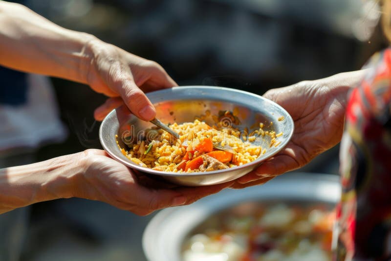 Sharing Food Outdoors, Hands Handing Over Bowl of Rice Meal Stock ...
