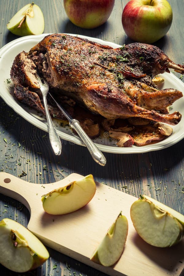 Sharing Freshly Baked Duck with Fruit Stock Image - Image of fork ...