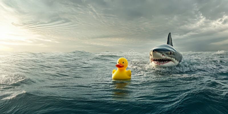 Shark Approaches Rubber Duck in Ocean Stock Image - Image of warning ...