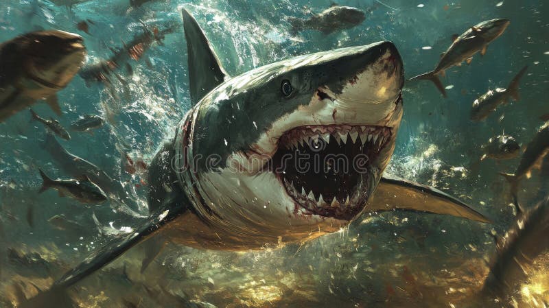 Shark Attacking Underwater among a School of Fish Stock Image - Image ...