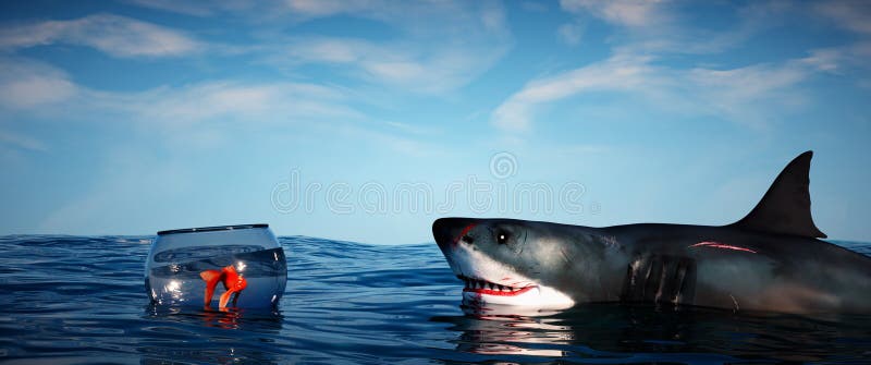 Shark attacks a goldfish stock illustration. Illustration of strategy ...