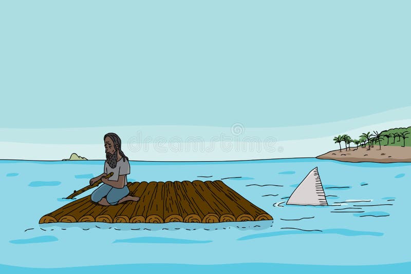 Shark Behind Man on Raft stock vector. Illustration of coast - 42377308