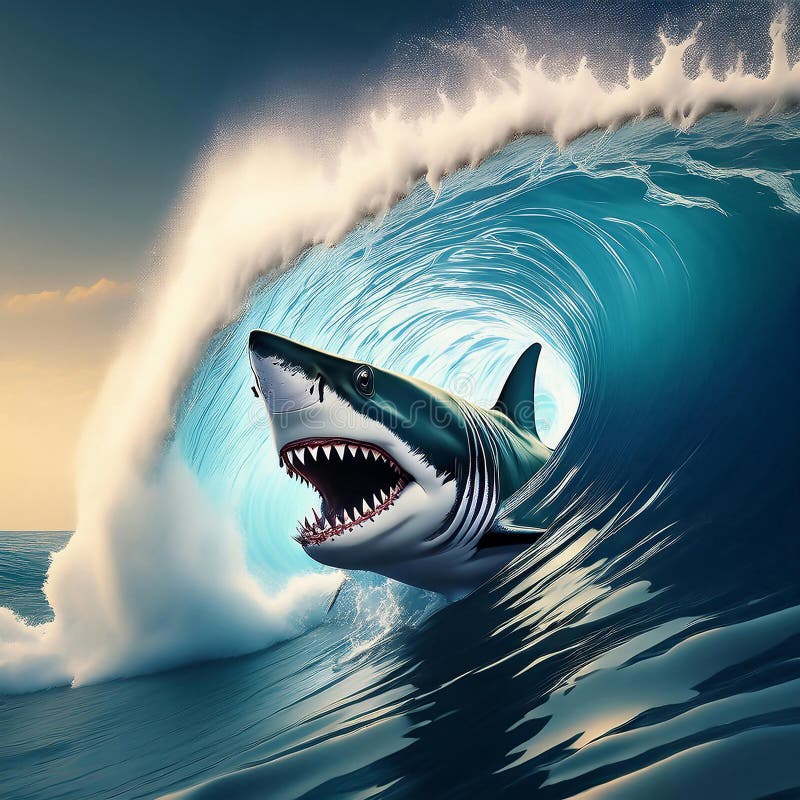 Shark Bump and Bite with Rolling Crashing Ocean Wave Stock Illustration ...