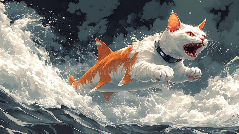 Shark-cat Leaps Ocean Wave, Storm Background, Fantasy Art Stock ...