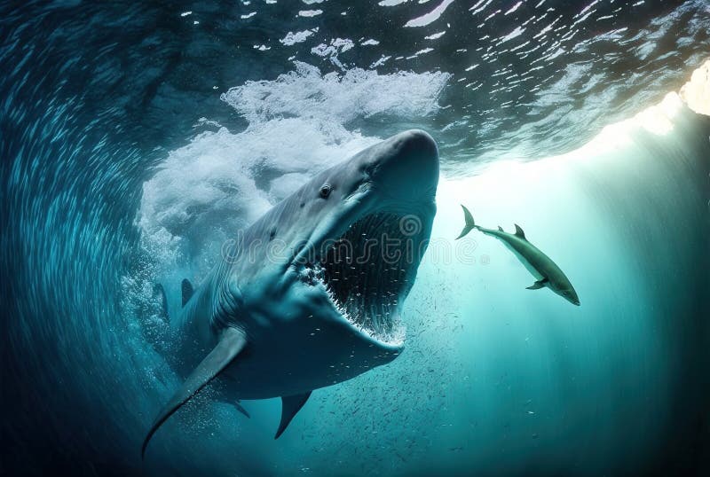 Shark Catching Fish Underwater, Hunting in the Ocean. Generative AI ...