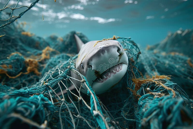 A Shark Caught in a Fishing Net. Generative AI Stock Illustration ...