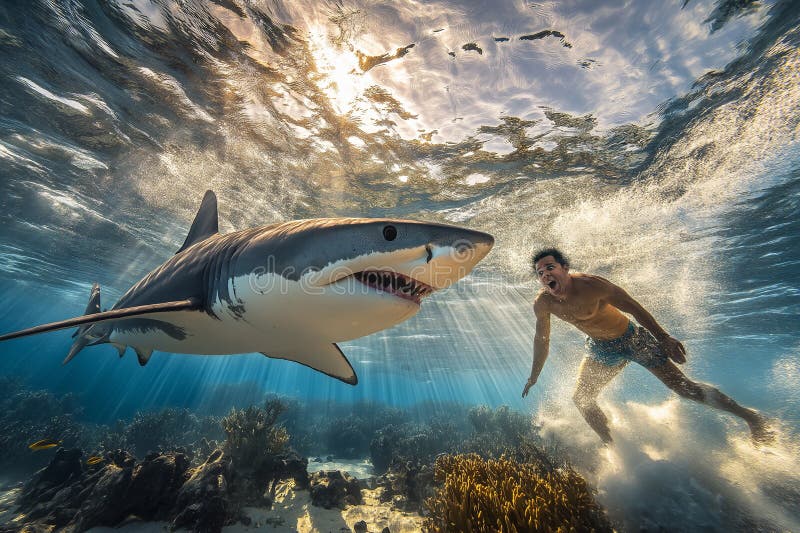 Shark Chase: Diver Escaping Underwater in Dramatic Ocean Scene Stock ...