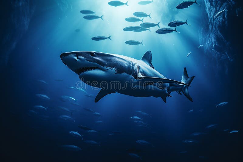 Shark in Deep Blue Ocean Generative Ai. Stock Photo - Image of ...