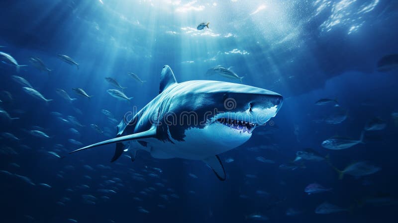 Shark in Deep Blue Ocean Generative Ai. Stock Photo - Image of coral ...