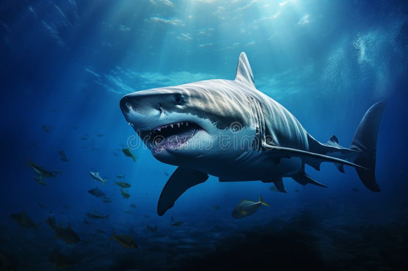 Shark in Deep Blue Ocean Generative Ai. Stock Image - Image of swimming ...