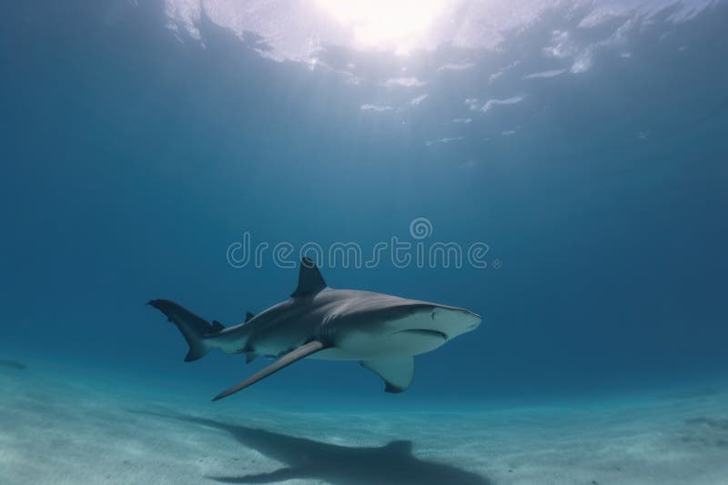 Shark Dives Underwater and Looks at Rays Swimming Overhead Stock ...