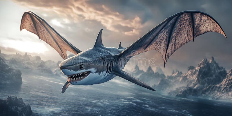 Shark with Dragon Wings Soaring through a Stormy Sky Background for ...