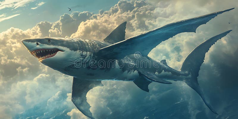 Shark with Dragon Wings Soaring through a Stormy Sky Background for ...