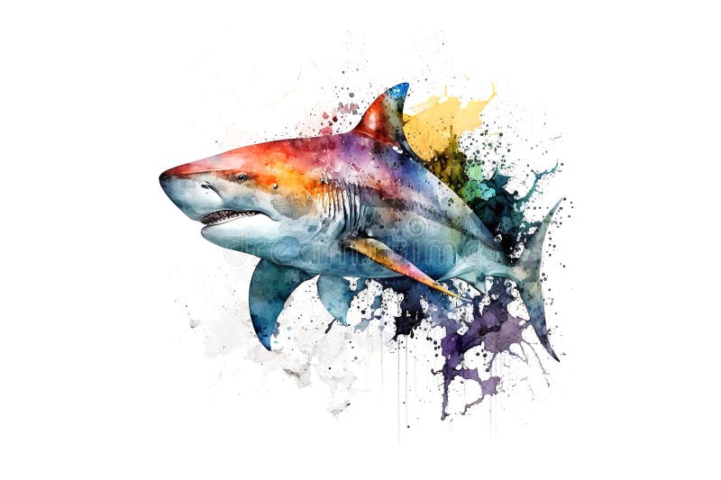 Shark is Drawn with Multi-colored Watercolors Isolated on a White ...