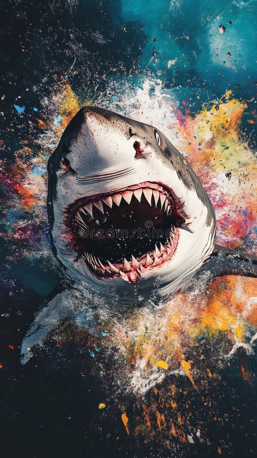Shark Emerging from Colorful Splash, Dramatic Oceanic Concept Stock ...