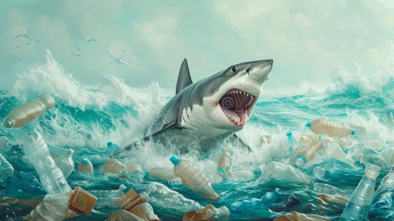 Shark Emerging from Ocean Polluted with Plastic Waste Stock Image ...