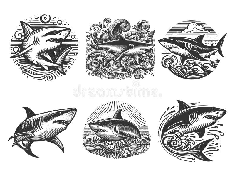 Shark Engraving Set Vector Collection Stock Illustration - Illustration ...
