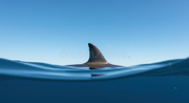 Shark Fin Breaking the Ocean Surface with a Clear Blue Sky and ...