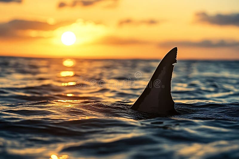 Shark Fin Breaking Water Surface at Sunset Stock Image - Image of ...