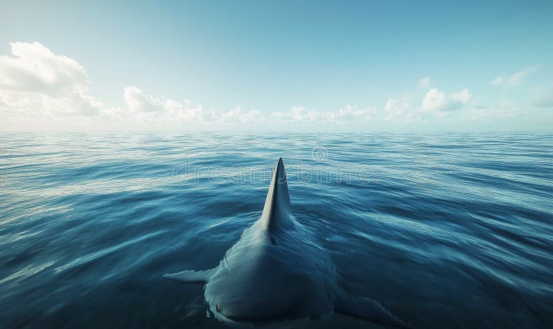 A Shark Fin Breaks the Surface of Calm Blue Waters Under a Serene ...