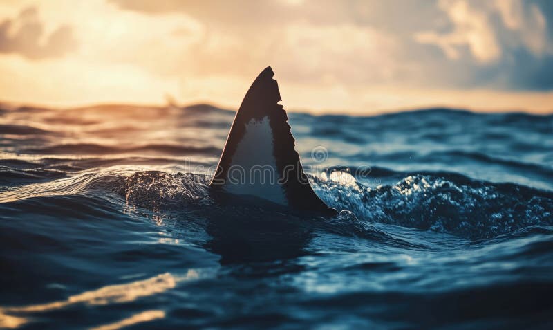 Shark Fin Emerging from Ocean Surface at Sunset, Dramatic Lighting and ...