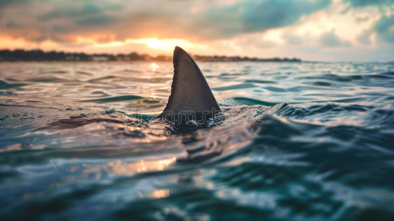 Shark Fin Emerging from Water at Sunset Stock Illustration ...