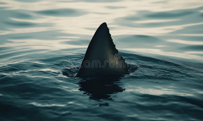 Shark Fin Emerging from Water Surface, Creating Ripples in Calm Ocean ...