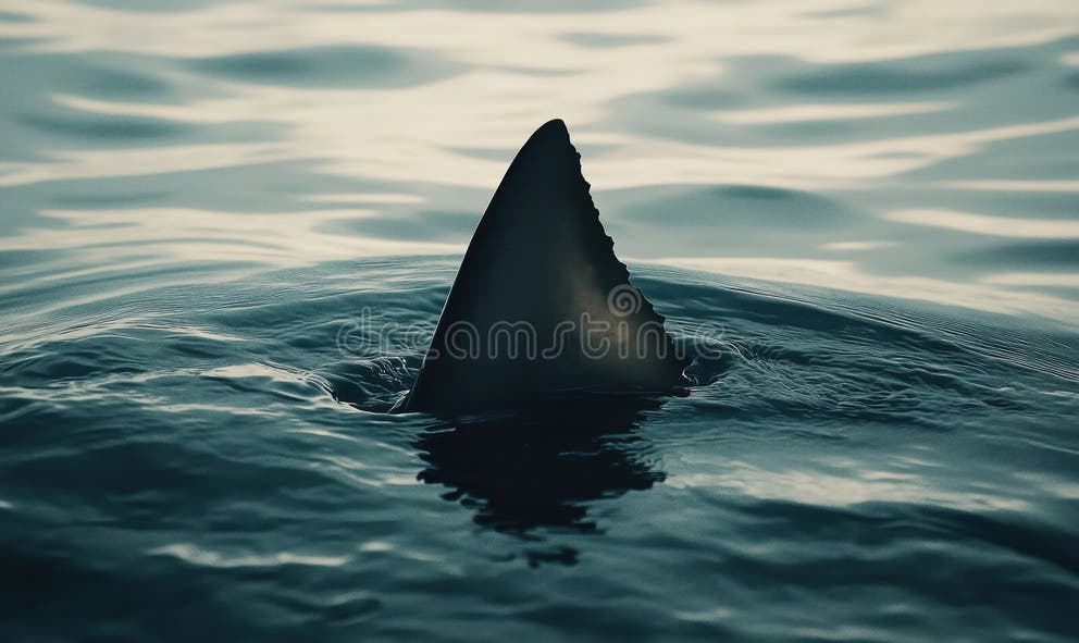 Shark Fin Emerging from Water Surface, Creating Ripples in Calm Ocean ...