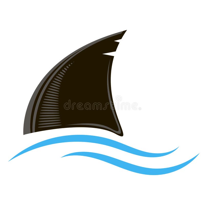 Shark Fin Silhouette Icon and Blue Waves Isolated on White Background ...