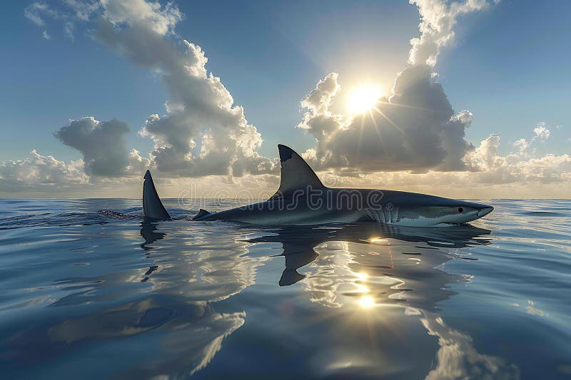 Shark Fins Floating on the Surface of Calm Water, with White Clouds in ...