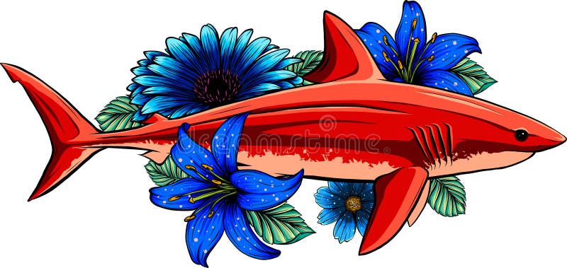 Shark with Flower Decorative Elements Design Vector Illustration Stock ...