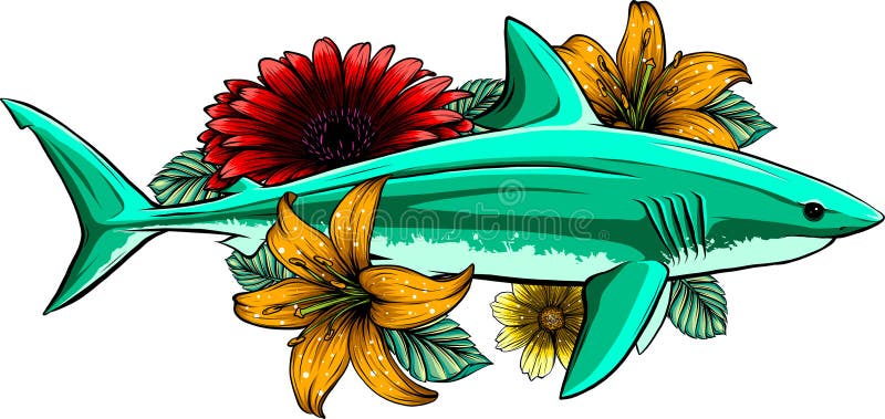 Shark with Flower Decorative Elements Design Vector Illustration Stock ...