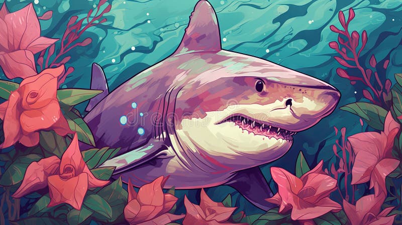 Shark in Flowers Retro Background with Pink Flowers and 60s Style Stock ...